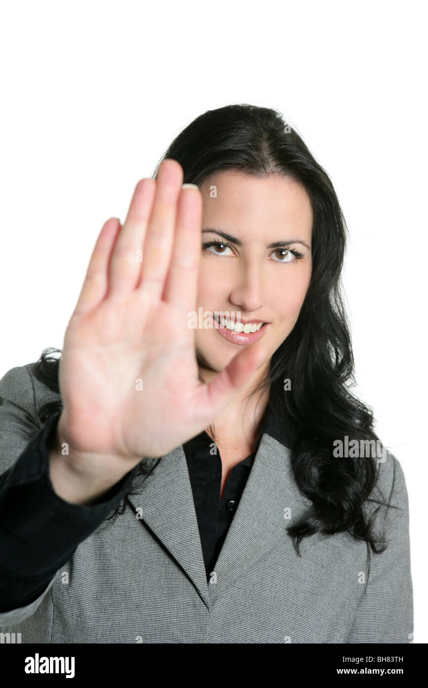 Brunette businesswoman hand stop sign on white background Stock Photo ...