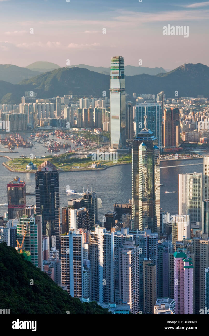 China, Hong Kong, Victoria Peak. View over Hong Kong from Victoria Peak. The skyline of Central ...