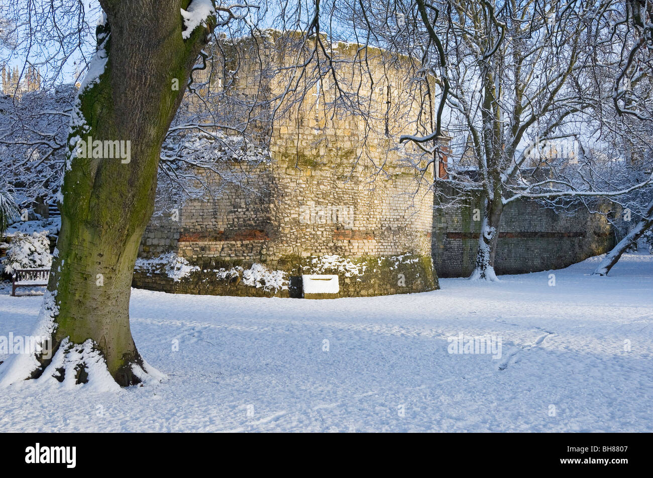 Multangular Tower in winter weather snow Museum Gardens York North ...