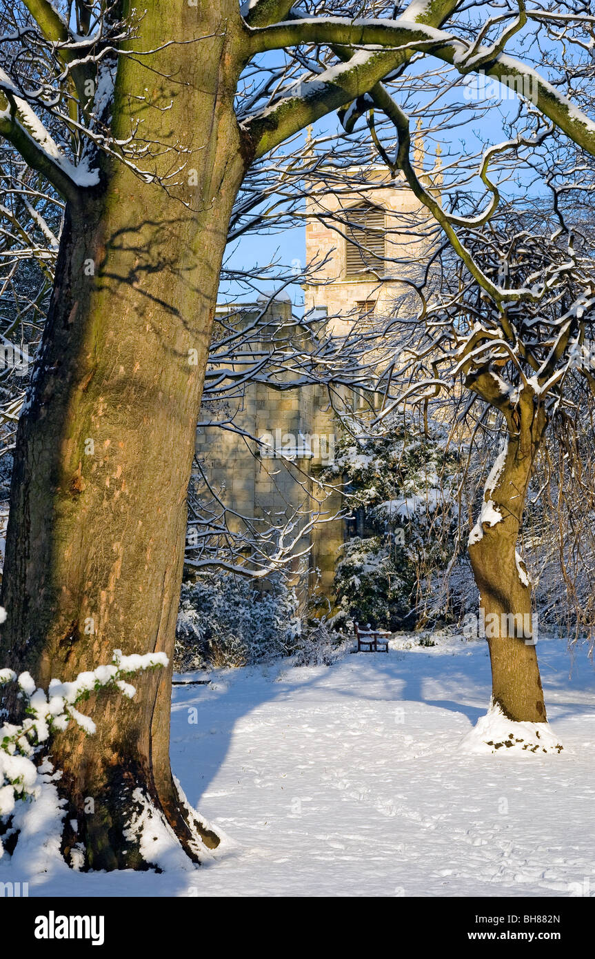 Museum Gardens in winter weather with St Olave's Church in the ...