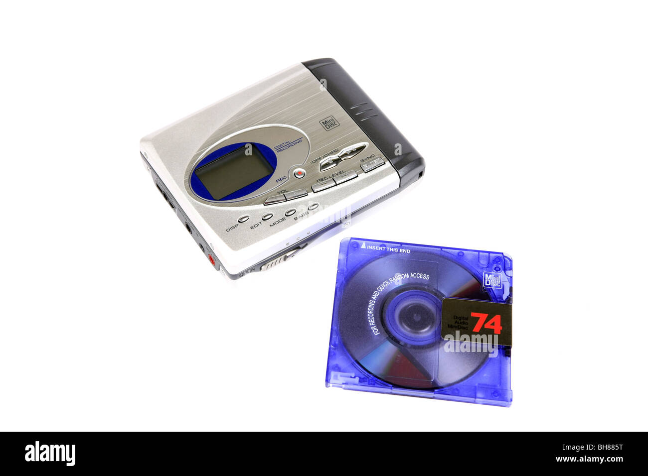 A Mini-Disk Personal Music Player and Recorder against a white ...