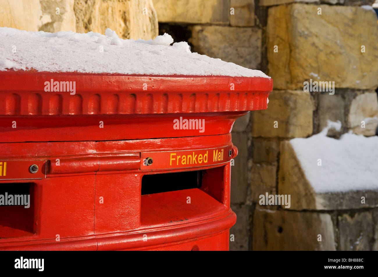 Close up of red post box postbox in winter York North Yorkshire England ...