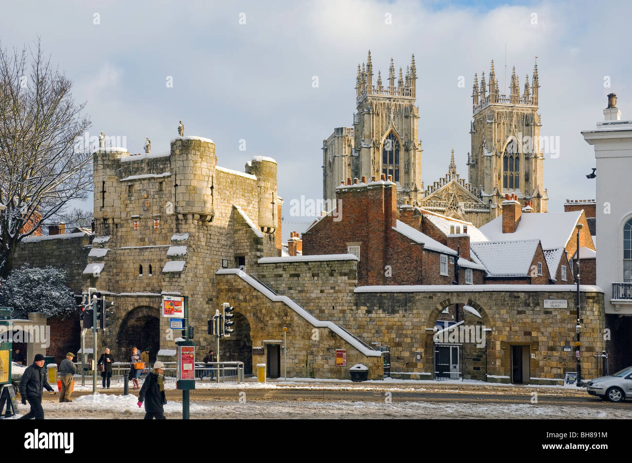 Bootham Bar York Minster and city walls from Exhibition Square covered ...