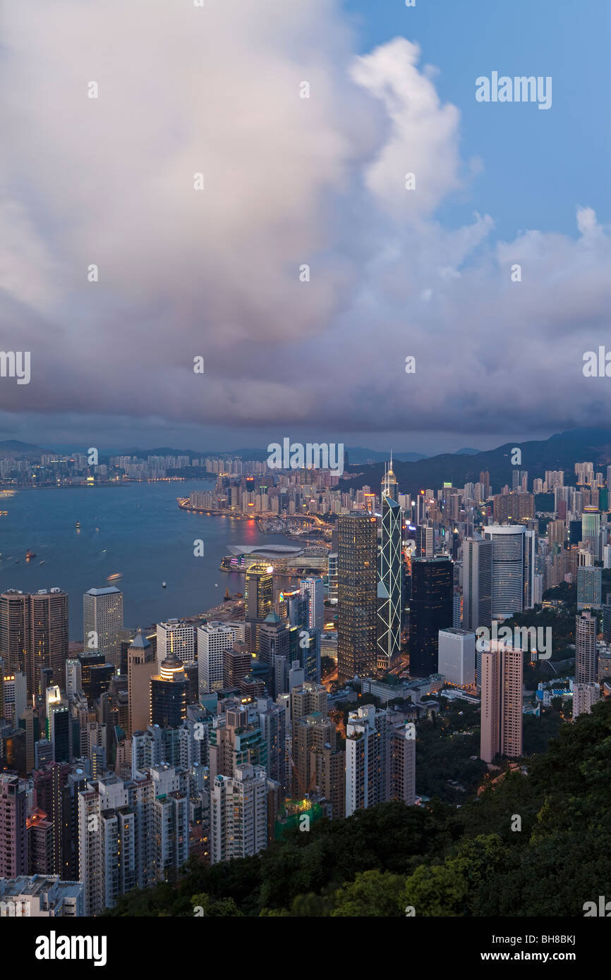 China, Hong Kong, Victoria Peak. View over Hong Kong from Victoria Peak. The illuminated skyline ...