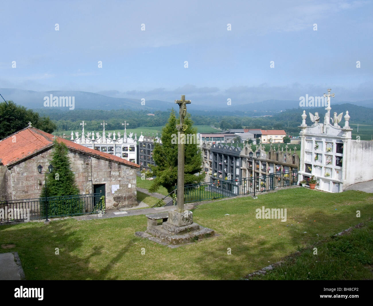A cemetery by the Camino with the Galician hills in the distance Stock ...