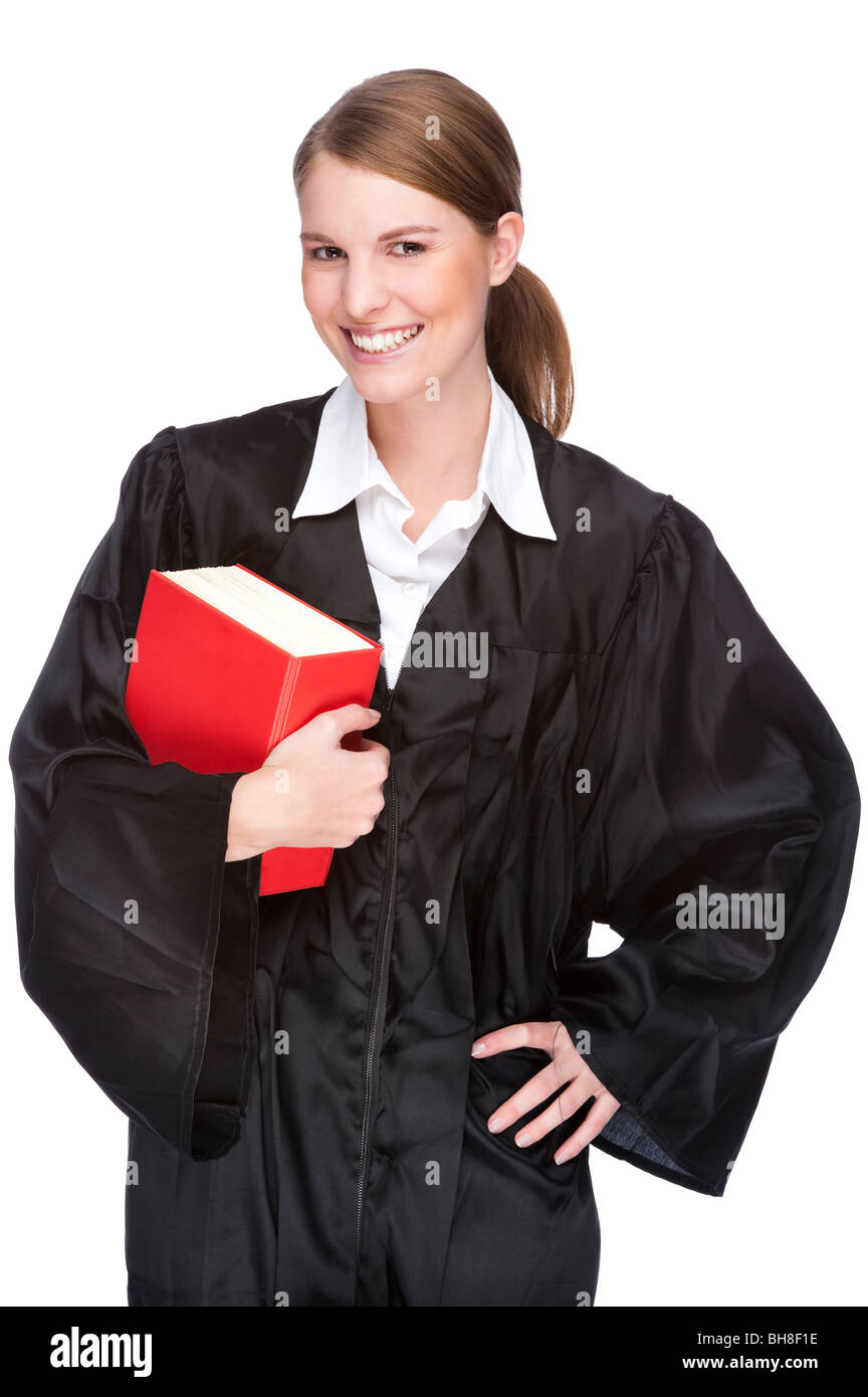 Full isolated studio picture from a young judge (lawyer) with statute ...