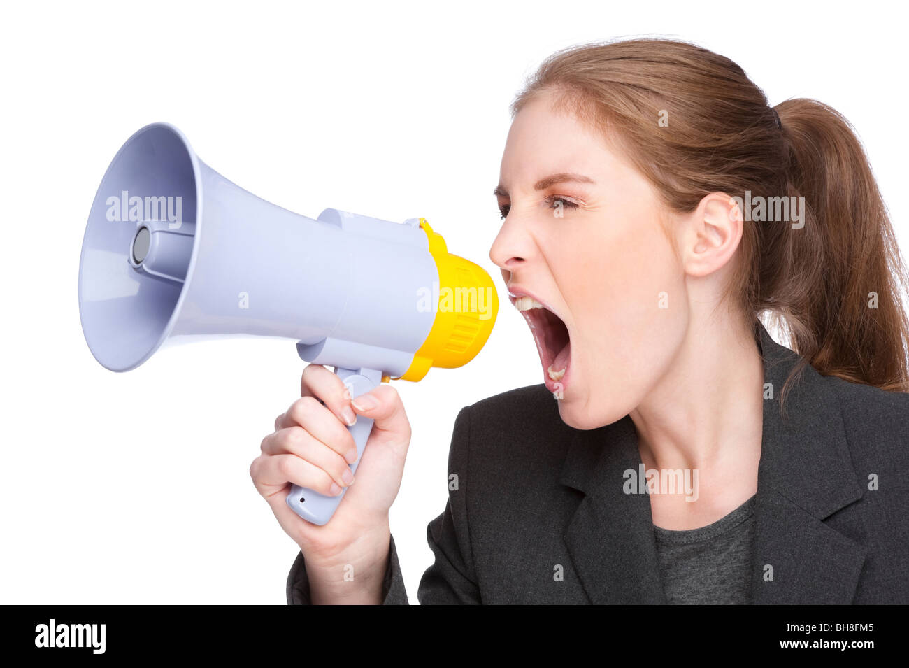 Full isolated portrait of a beautiful caucasian businesswoman shouting ...