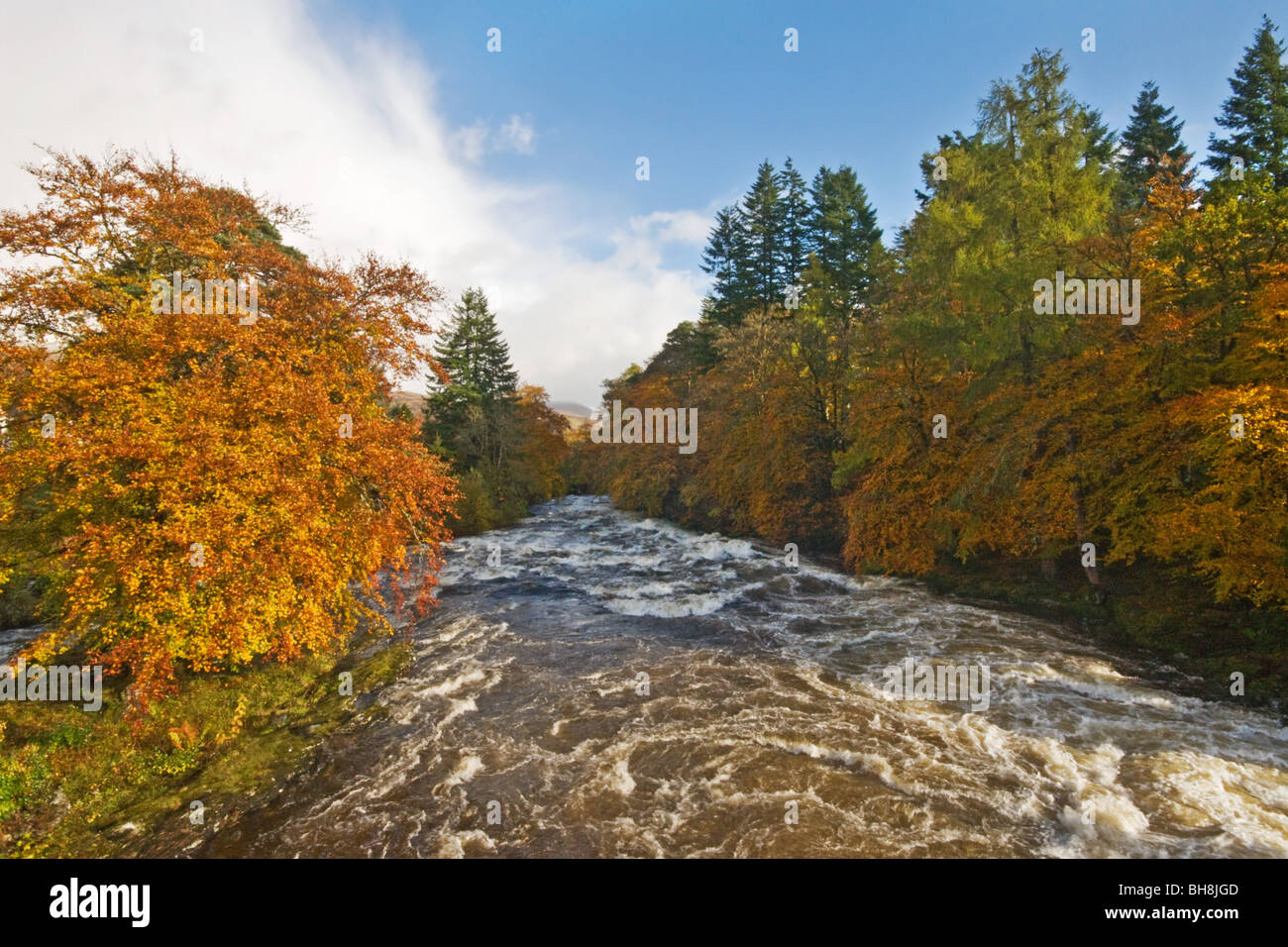 River Dochart during floods downstream from the Falls of Dochart, at ...