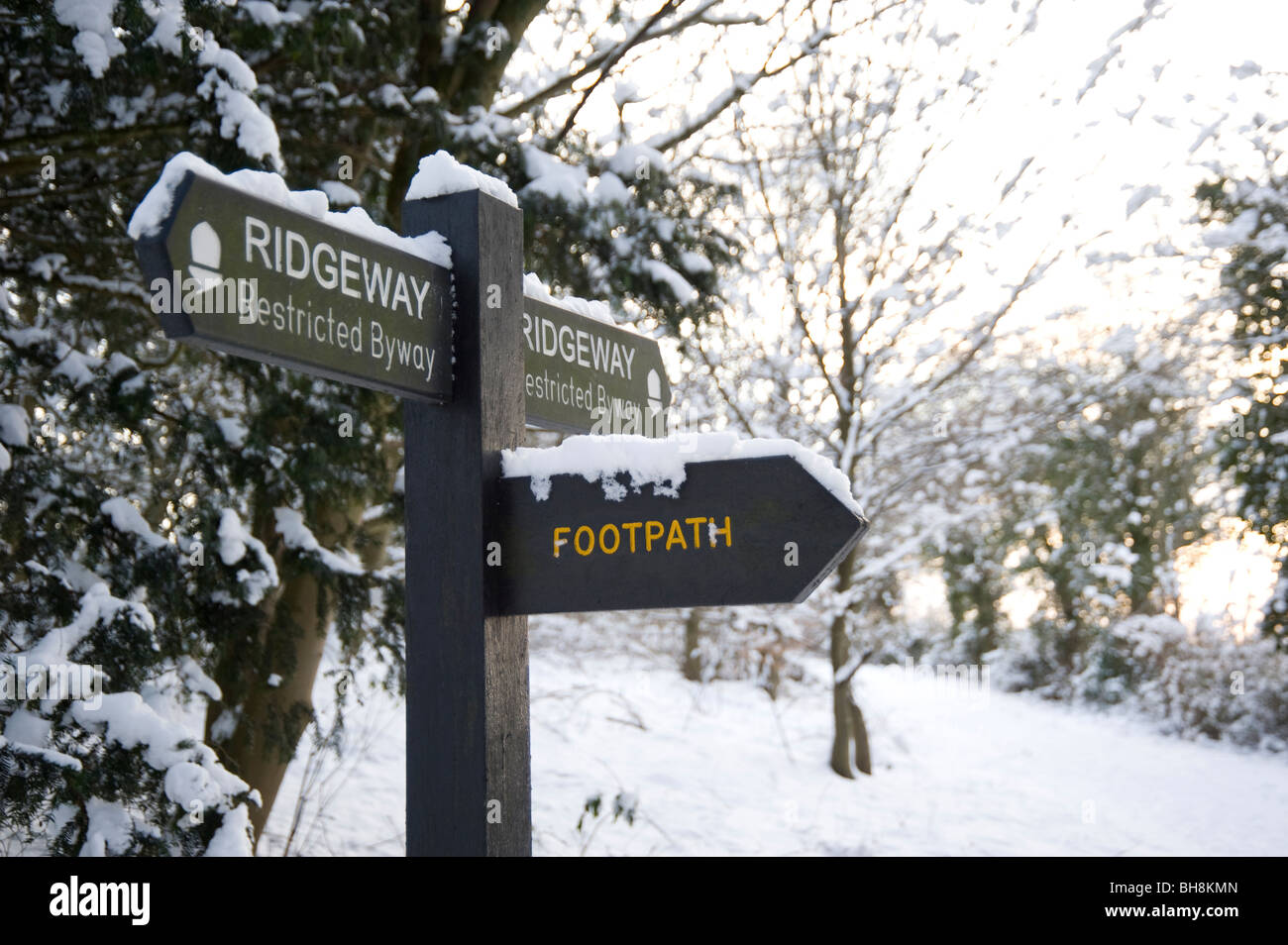 Snow covered signs along the Ridgeway Path in the Chilterns near Aston ...