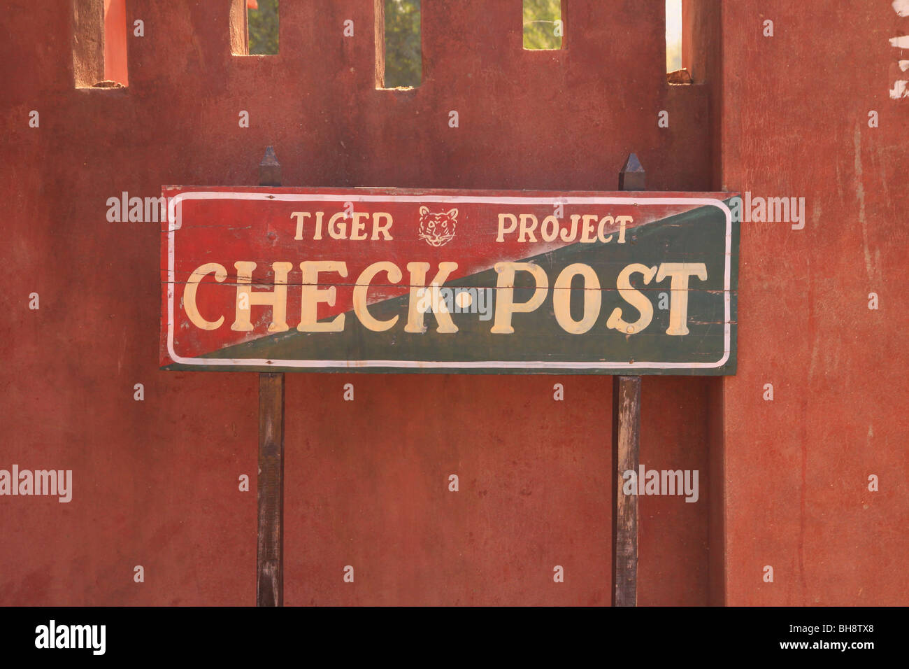 project tiger check post sign at entrance to Ranthambore National Park ...