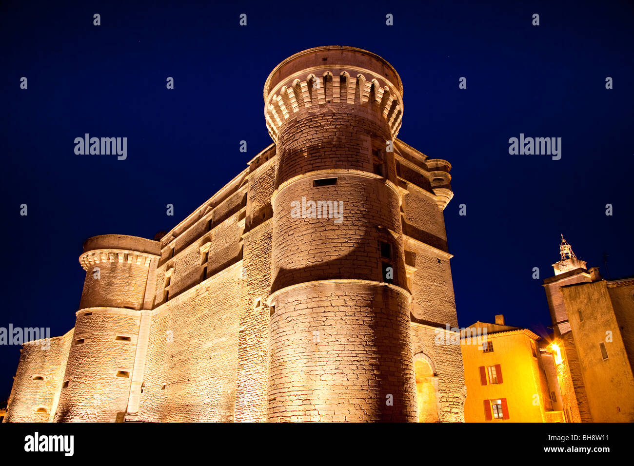 Dusk view of the Castle (Le Chateau Gordes), in Gordes Provence France ...