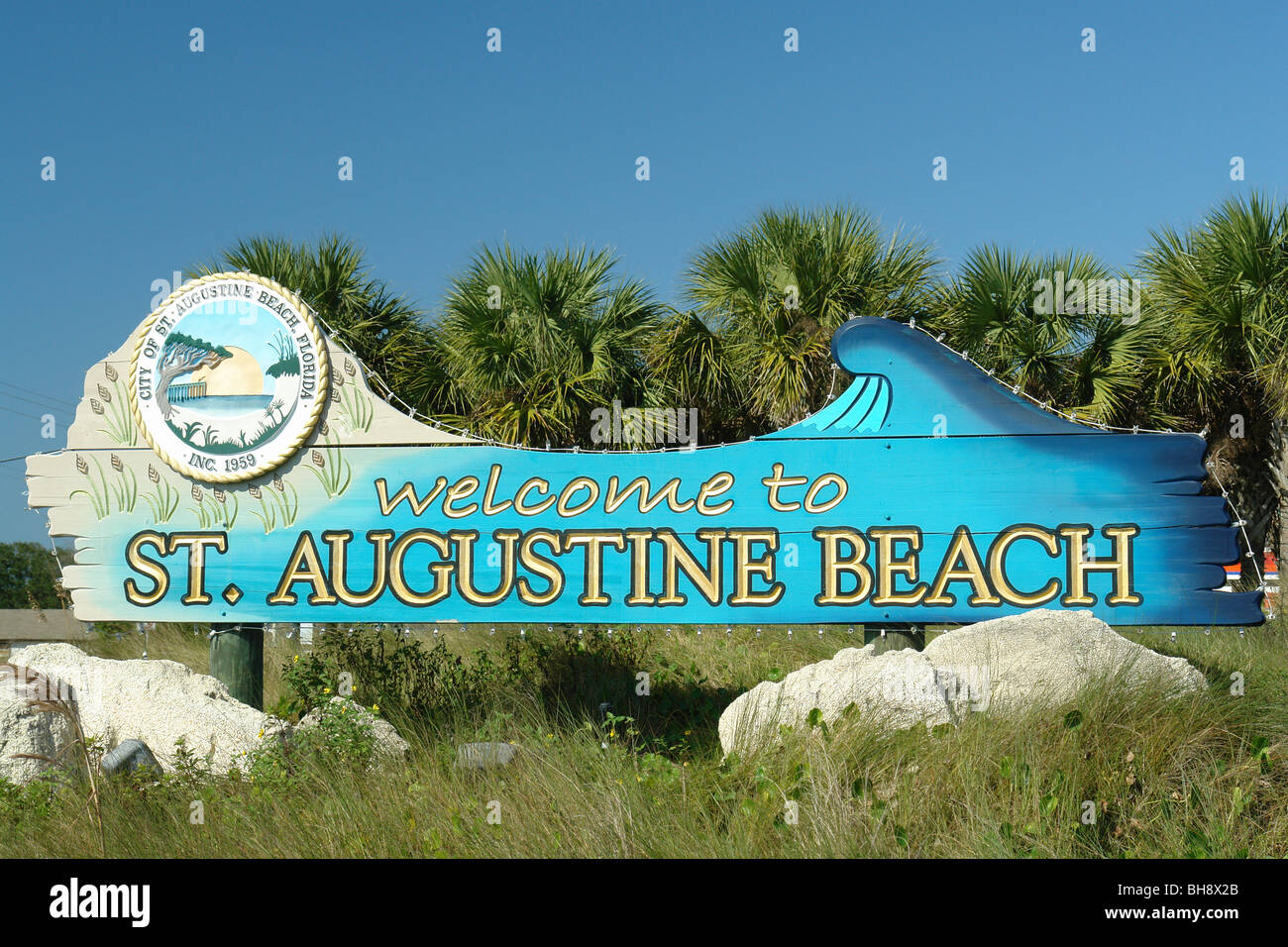 AJD64623, St Augustine Beach, FL, Florida, Welcome sign, Atlantic Ocean ...