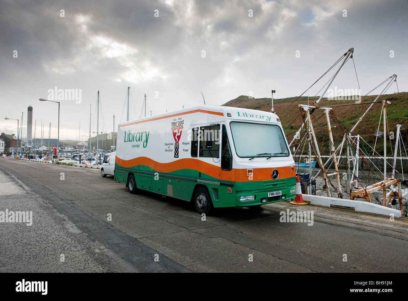 Library bus on quayside at Peel, Isle of Man Stock Photo - Alamy