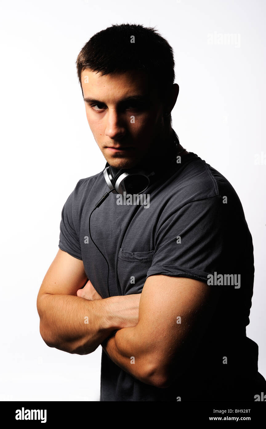 young male with head phones Stock Photo - Alamy