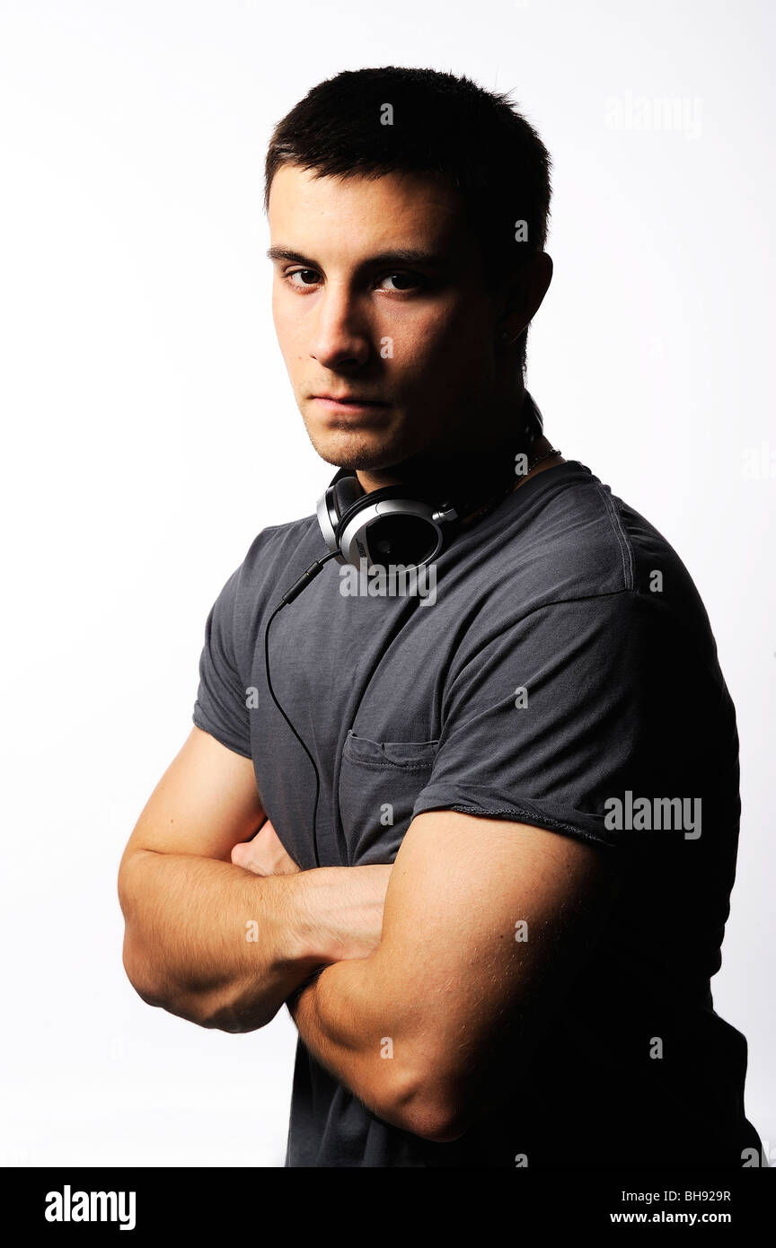 young male with head phones Stock Photo - Alamy