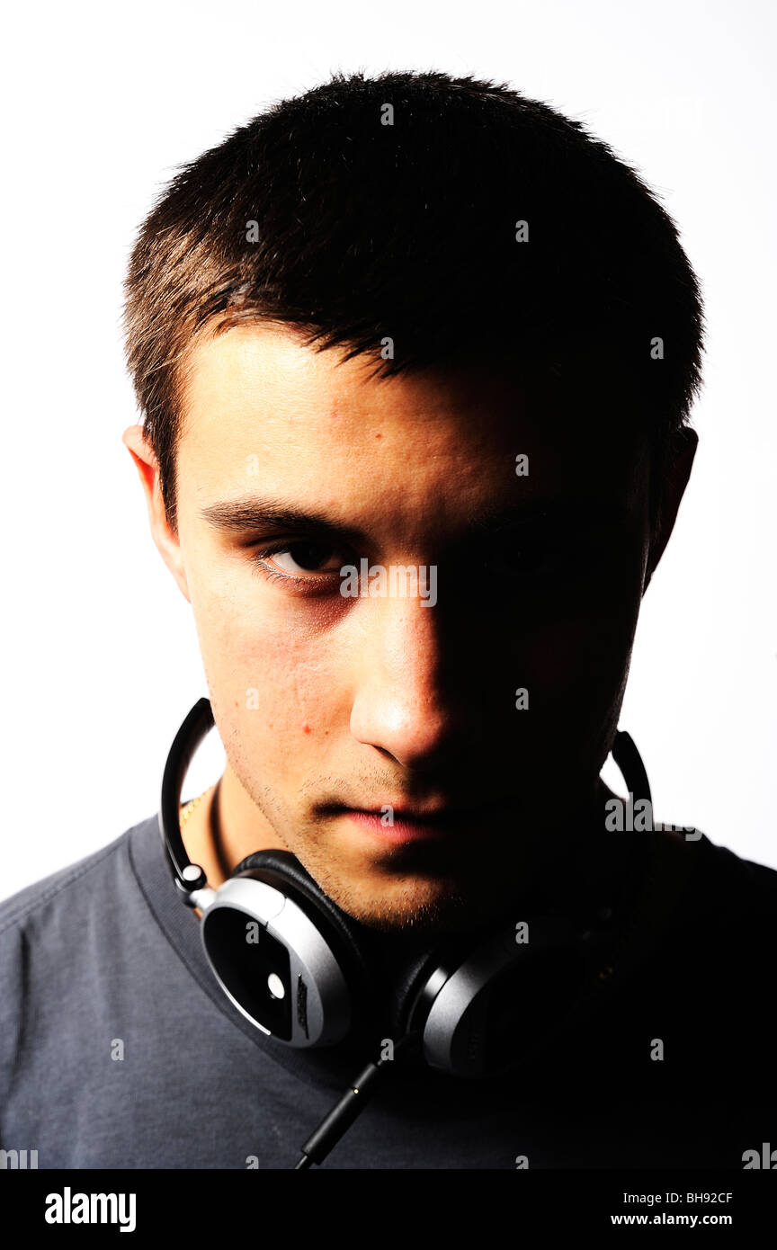 young male with head phones Stock Photo - Alamy