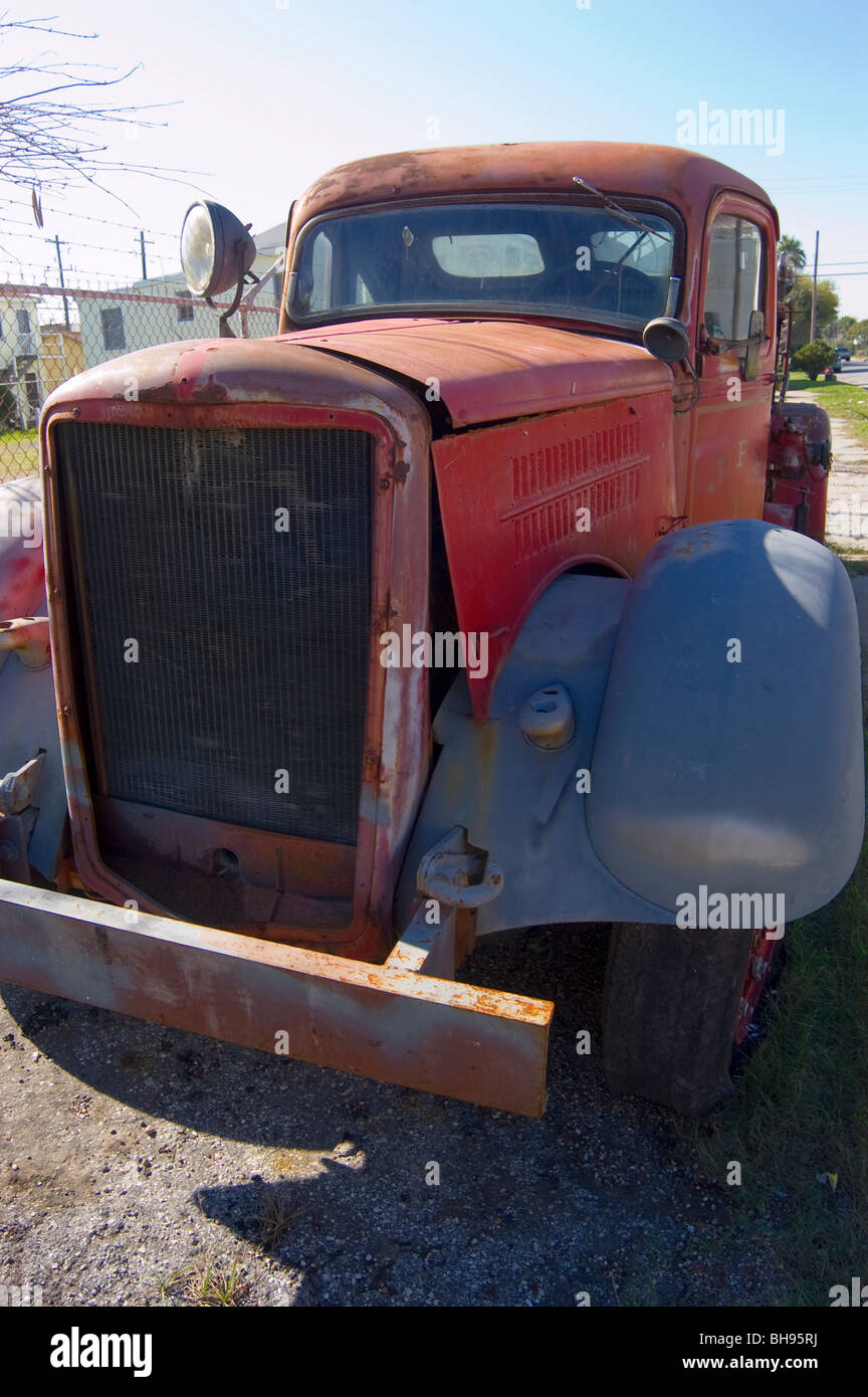 Vintage rusty fire truck in Galveston, Texas, ready for restoration ...