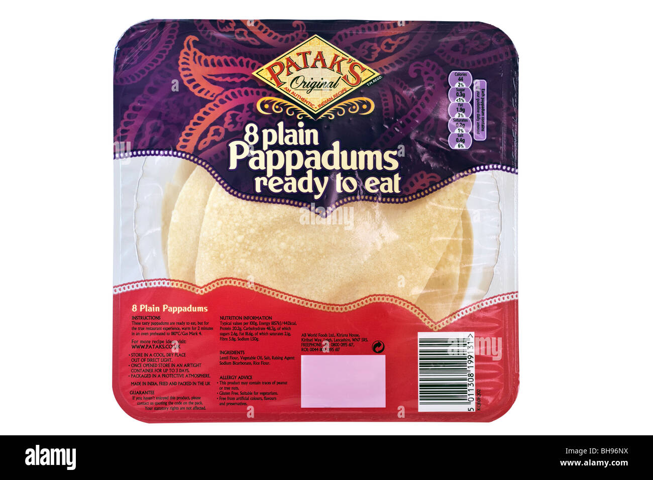 Pataks original 8 plain pappadums Stock Photo - Alamy