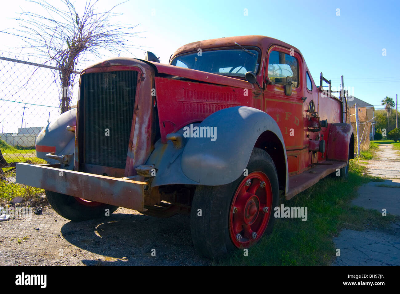 Vintage rusty fire truck in Galveston, Texas, ready for restoration ...