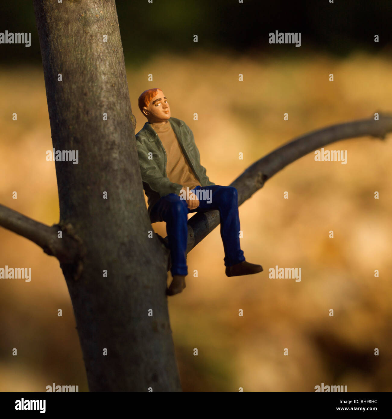 Man, figurine, sitting on a tree branch Stock Photo - Alamy