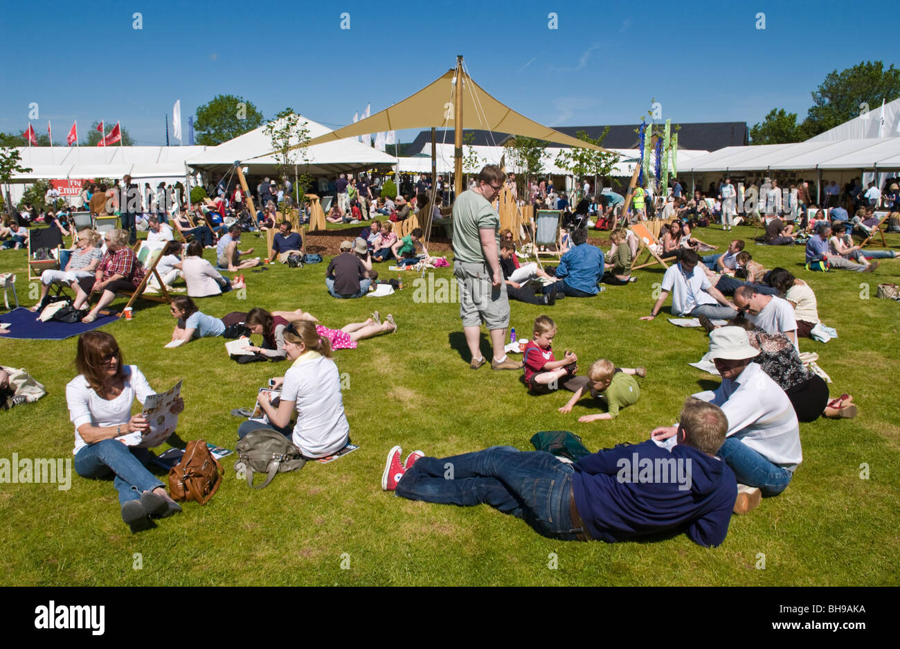 Crowds of people relaxing and chilling seated on the grass outside in ...