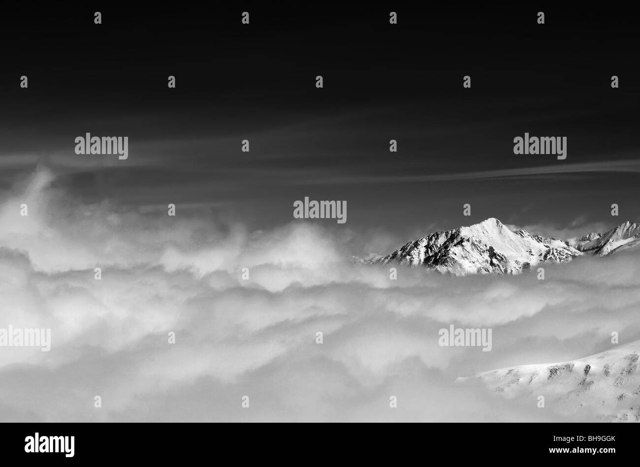 Pyrenees in clouds - black and white image Stock Photo - Alamy