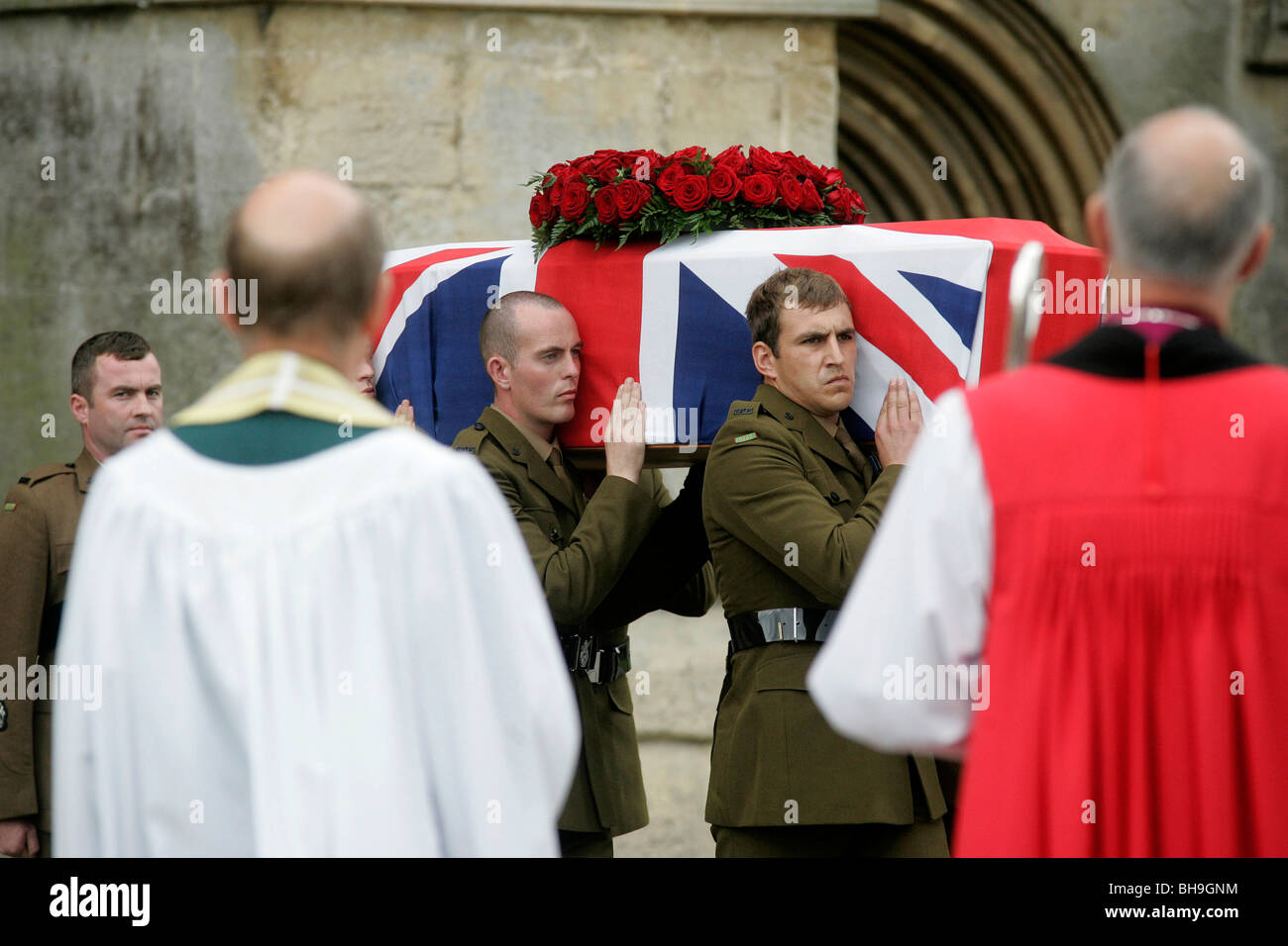 Pallbearers carry the coffin of war veteran Harry Patch, who died aged ...