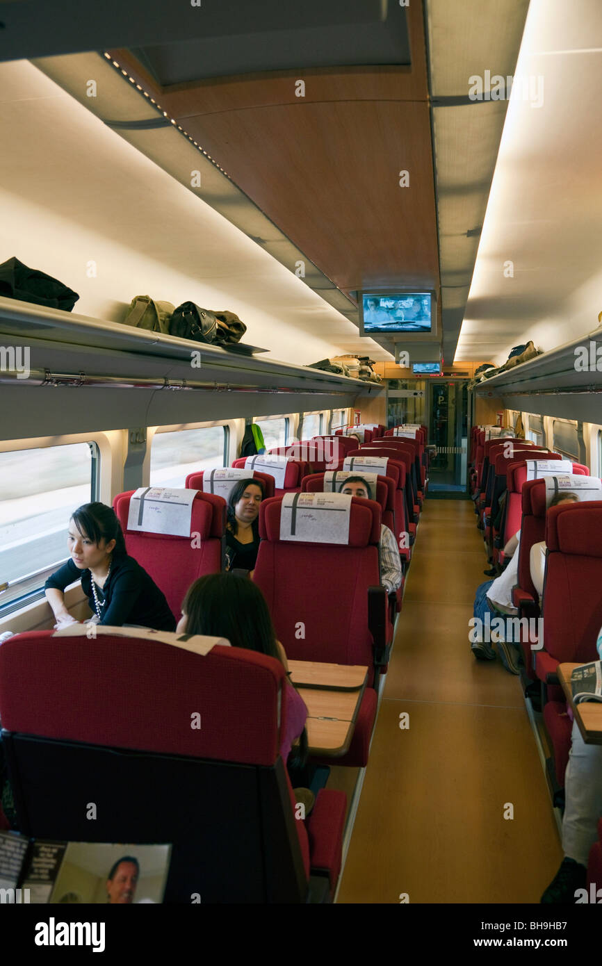 passengers in carriage on board RENFE high speed train, Spain Stock ...