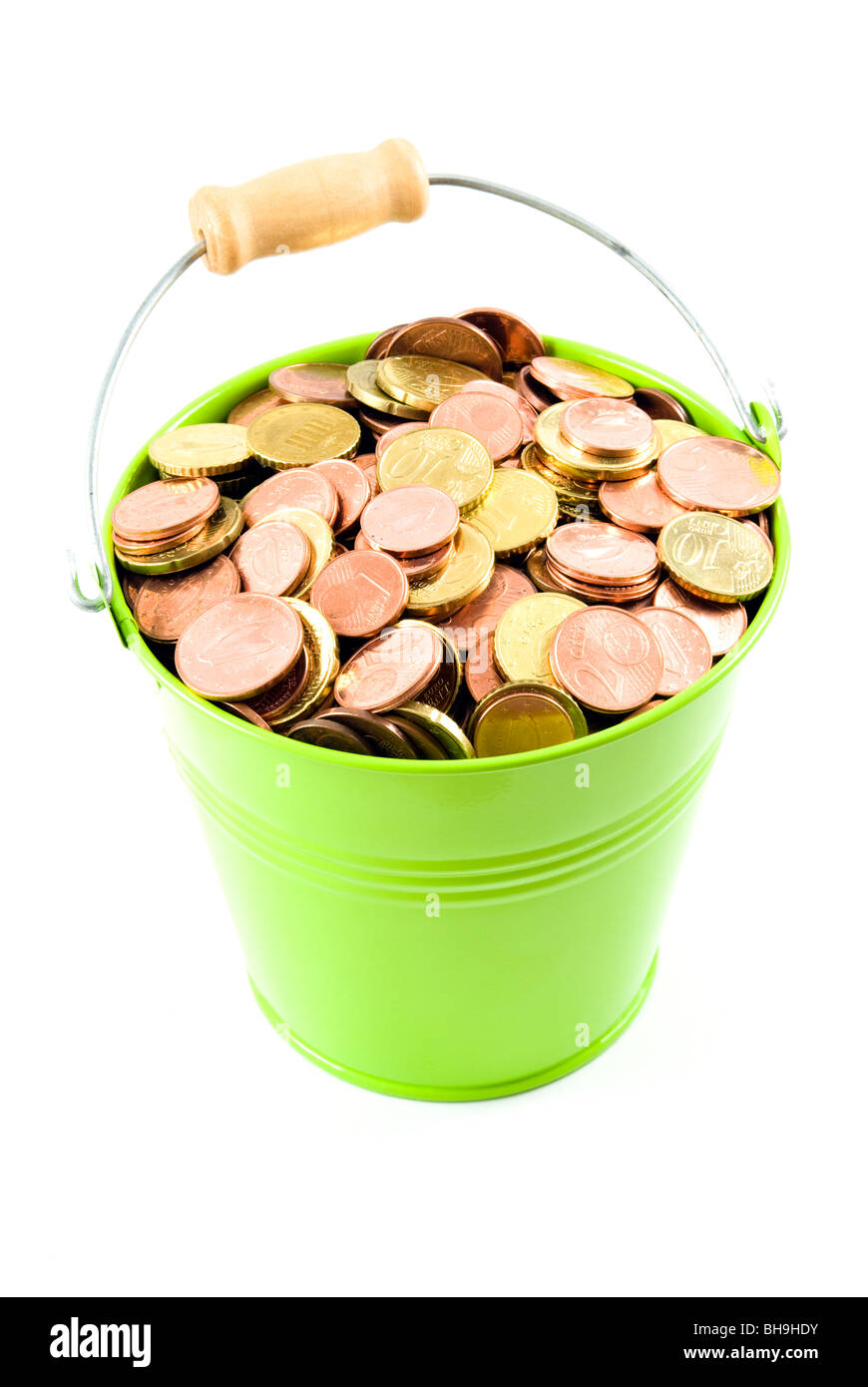 Euro coins in a green bucket isolated on white background Stock Photo ...