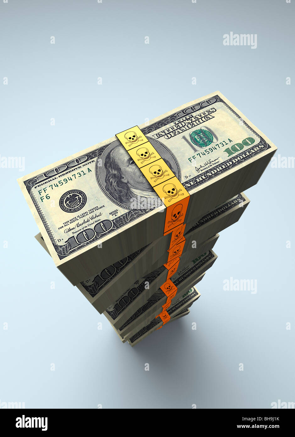 Large stack of $100 US Dollar bank notes with toxic debt ties around ...