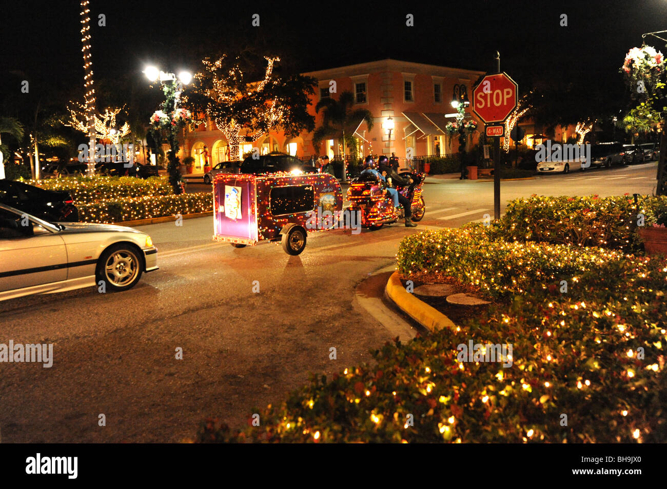 Harley Davidson motor bike and trailer decorated with fairy lights at ...