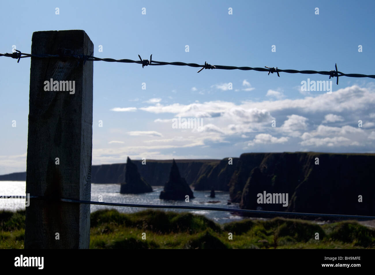 Stacks of Duncansby and Thirle Door through a barbed wire fence Stock ...