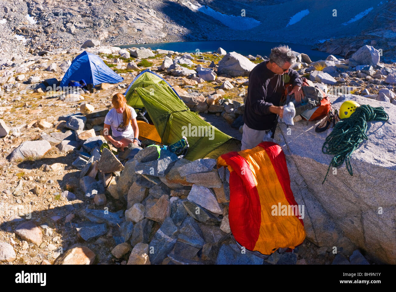 Climbers in camp at Dade Lake under Bear Creek Spire, John Muir ...