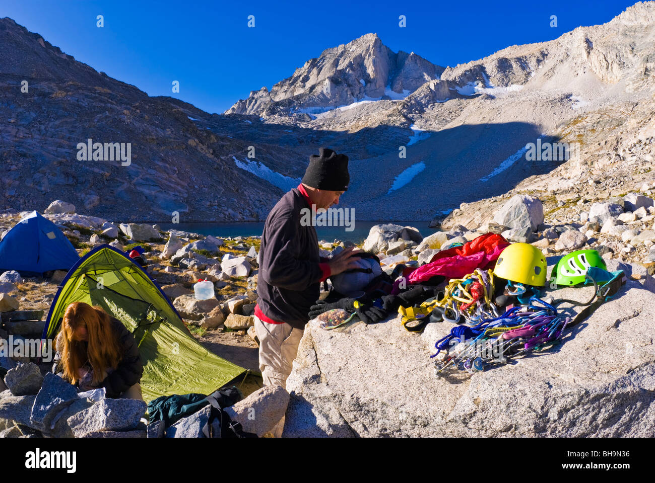 Climbers in camp at Dade Lake under Bear Creek Spire, John Muir ...