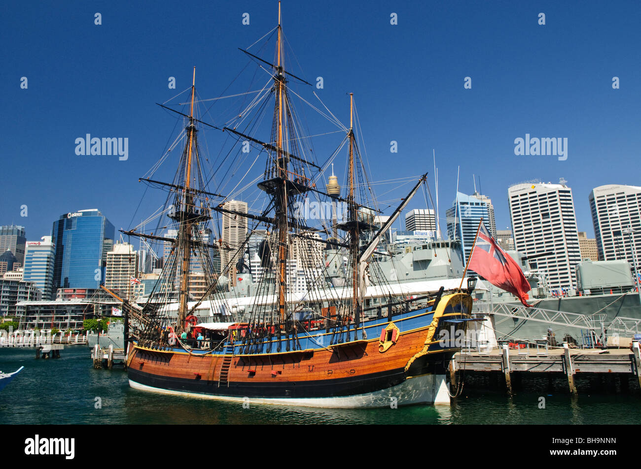 A full-size replica of Captain James Cook's HMS Endeavour ship on Stock ...