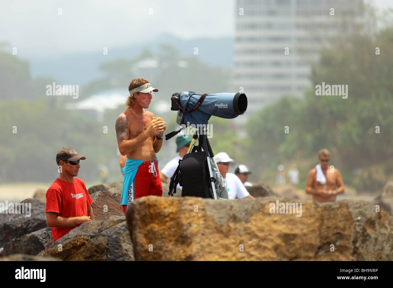 still cameraman takes a break during photographing Australian surfers ...