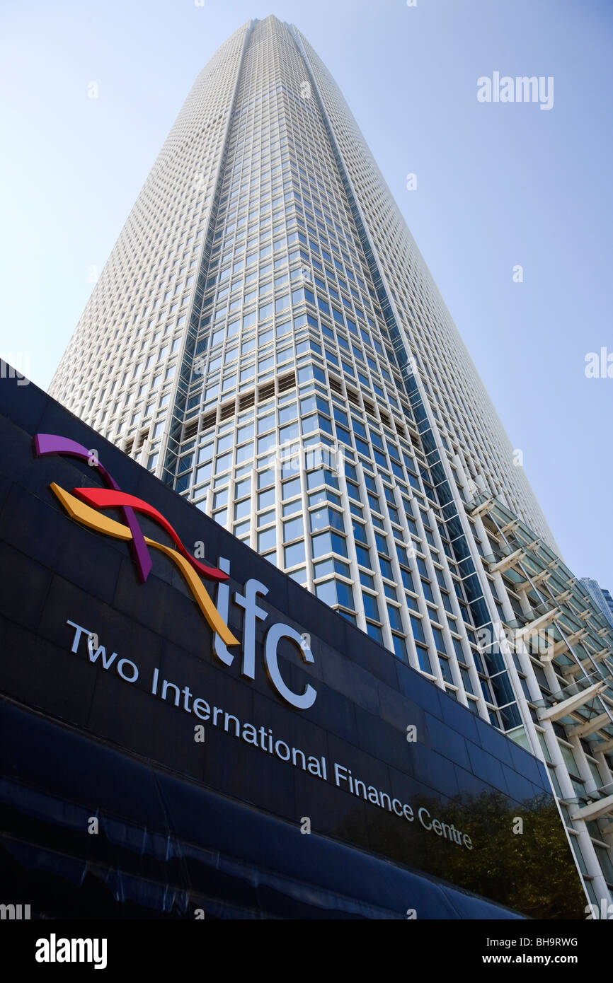 Sign and name plate outside Two International Finance Centre (2 IFC) in ...