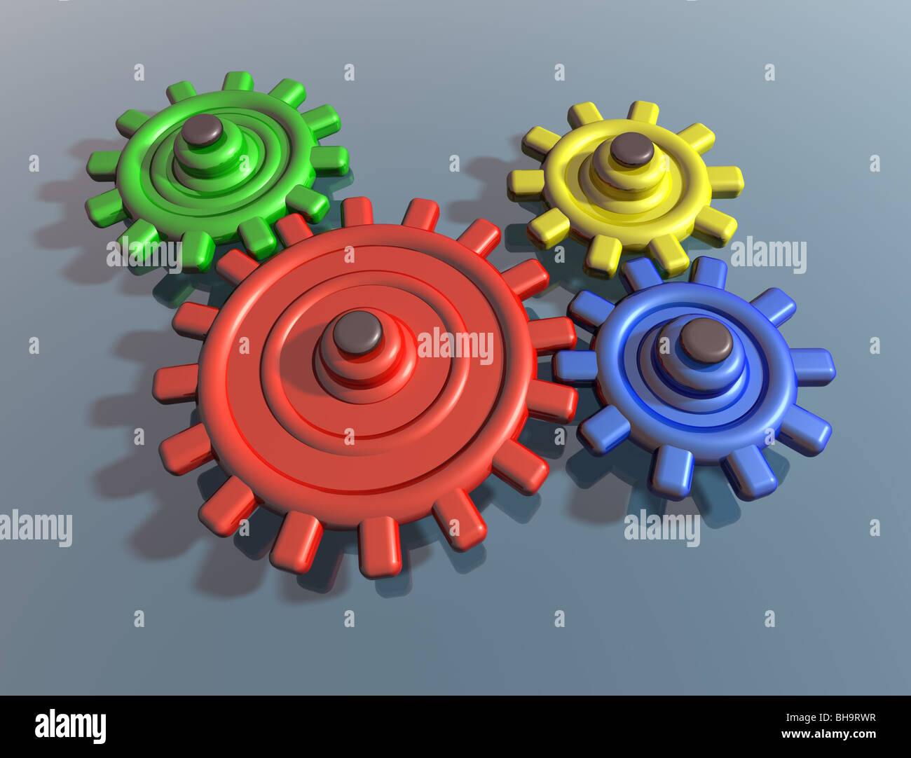 Illustration of brightly colored interlocking cogs on a shiny surface ...