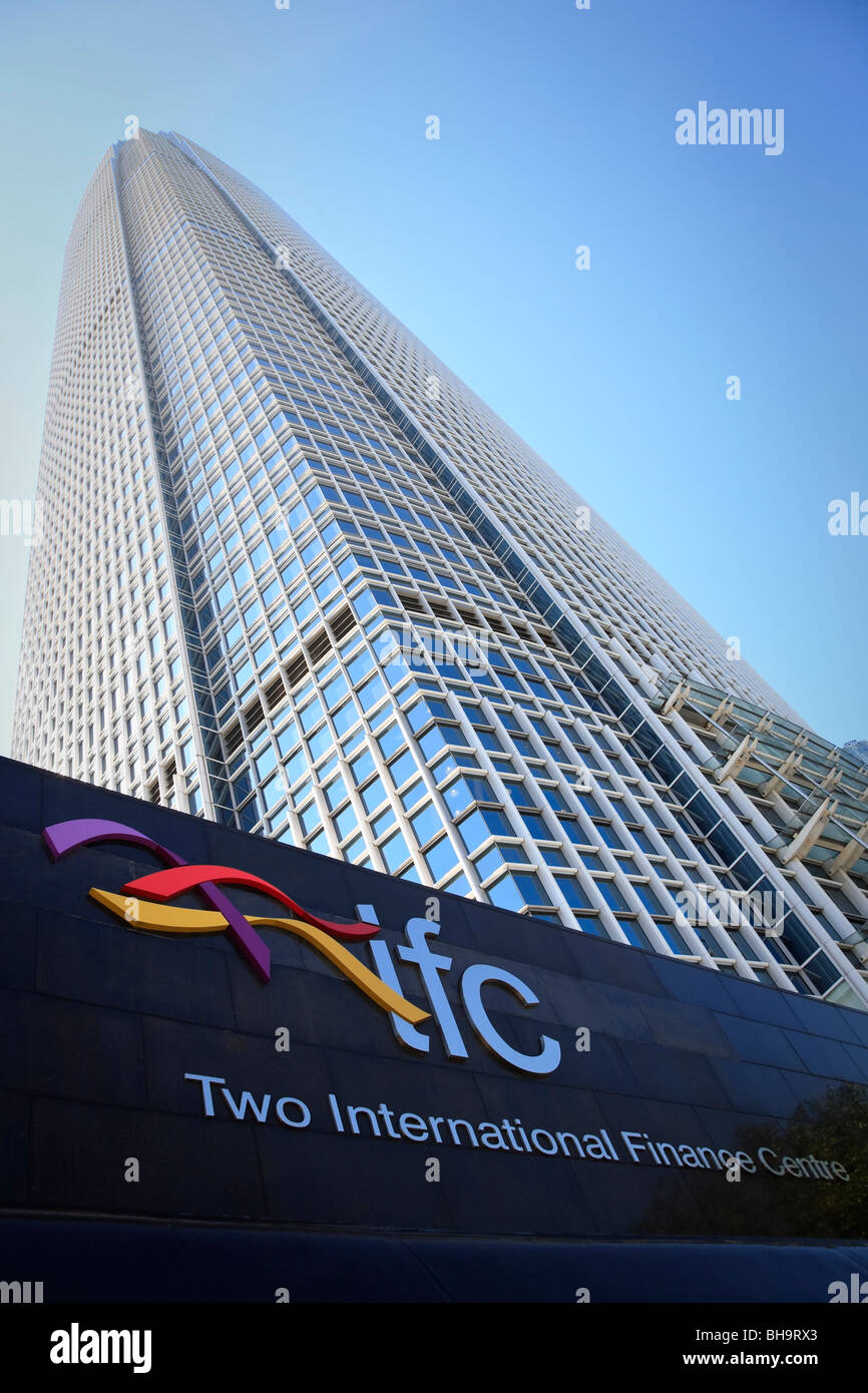 Sign and name plate outside Two International Finance Centre (2 IFC) in ...