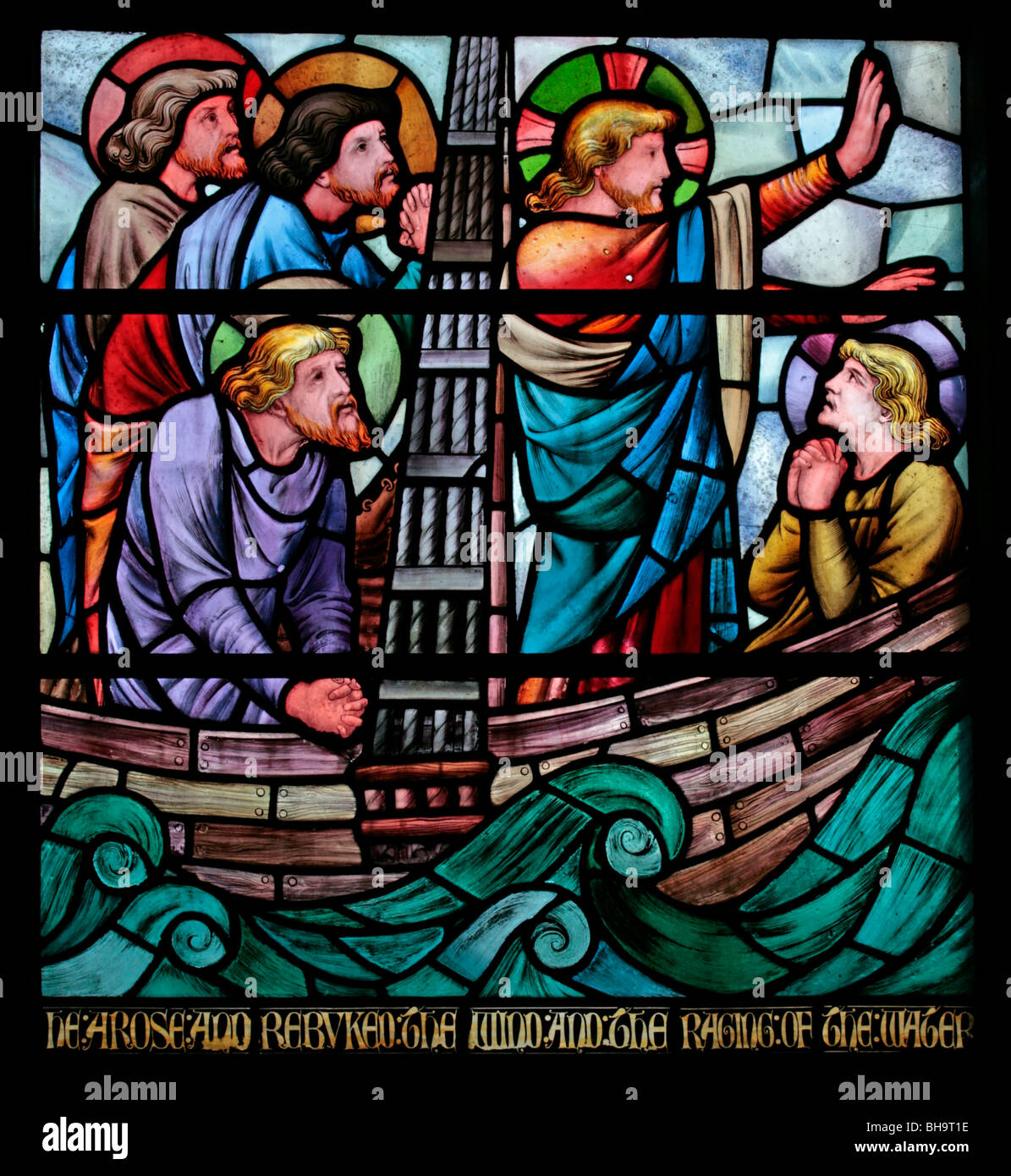 A stained glass window depicting Jesus calming the storm, Church of ...