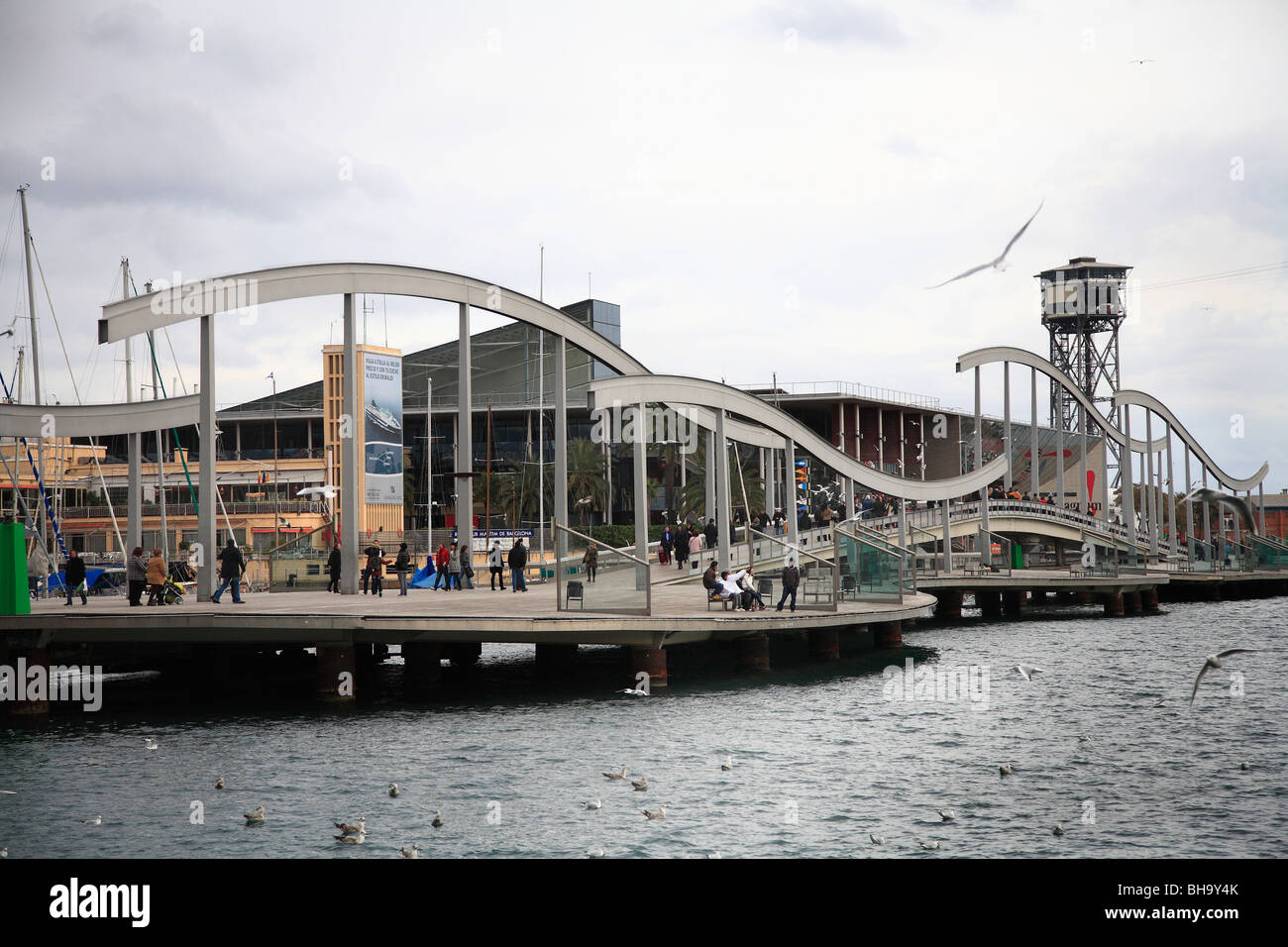 Port Vell pedestrian walkway in the rebuilt old dock area of Barcelona ...