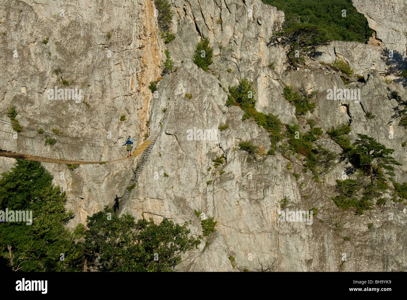 Man and his son crossing the swinging foot bridge on the Via Ferrata at ...