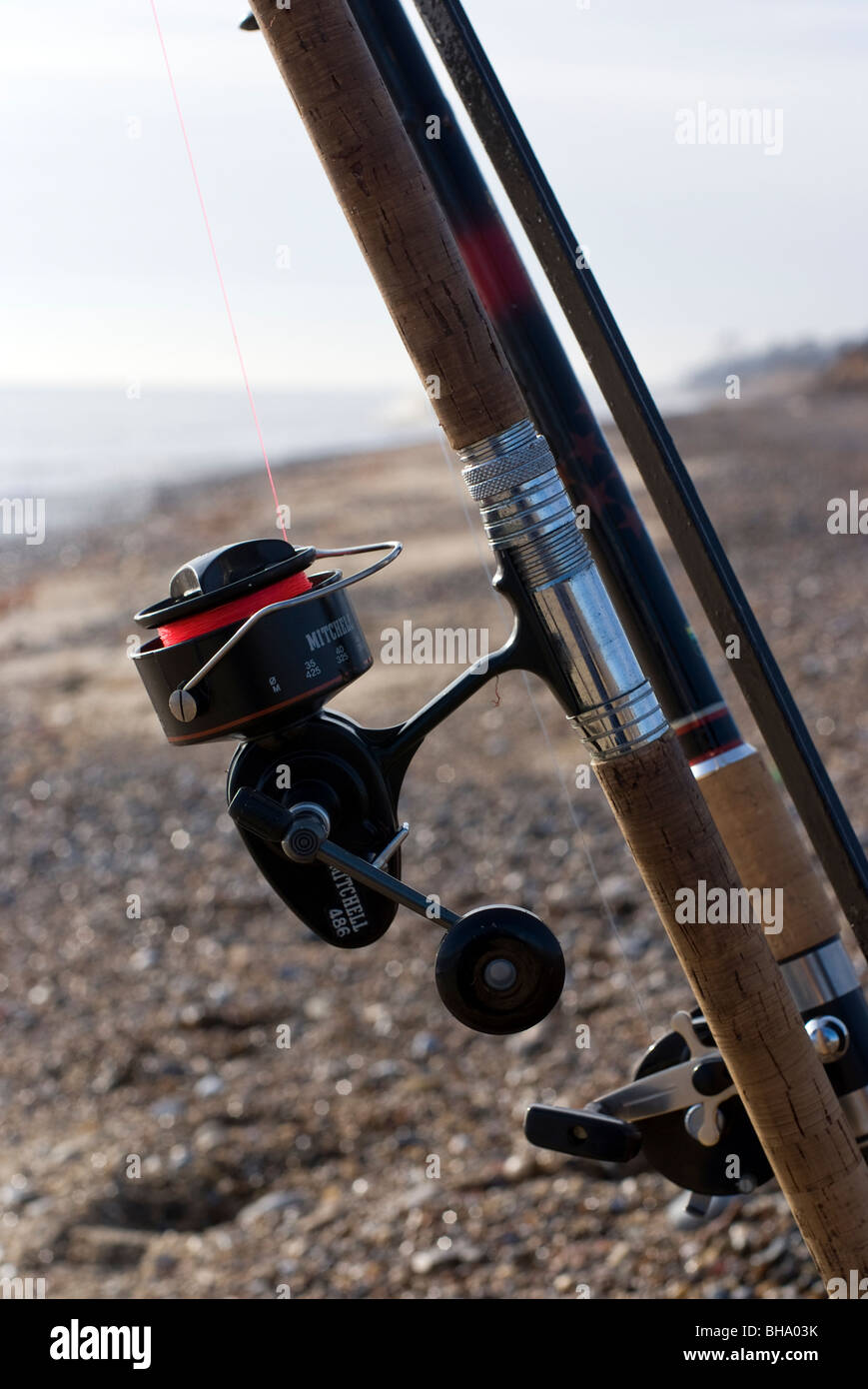 sea fishing reels and rods on beach at benacre suffolk england Stock ...
