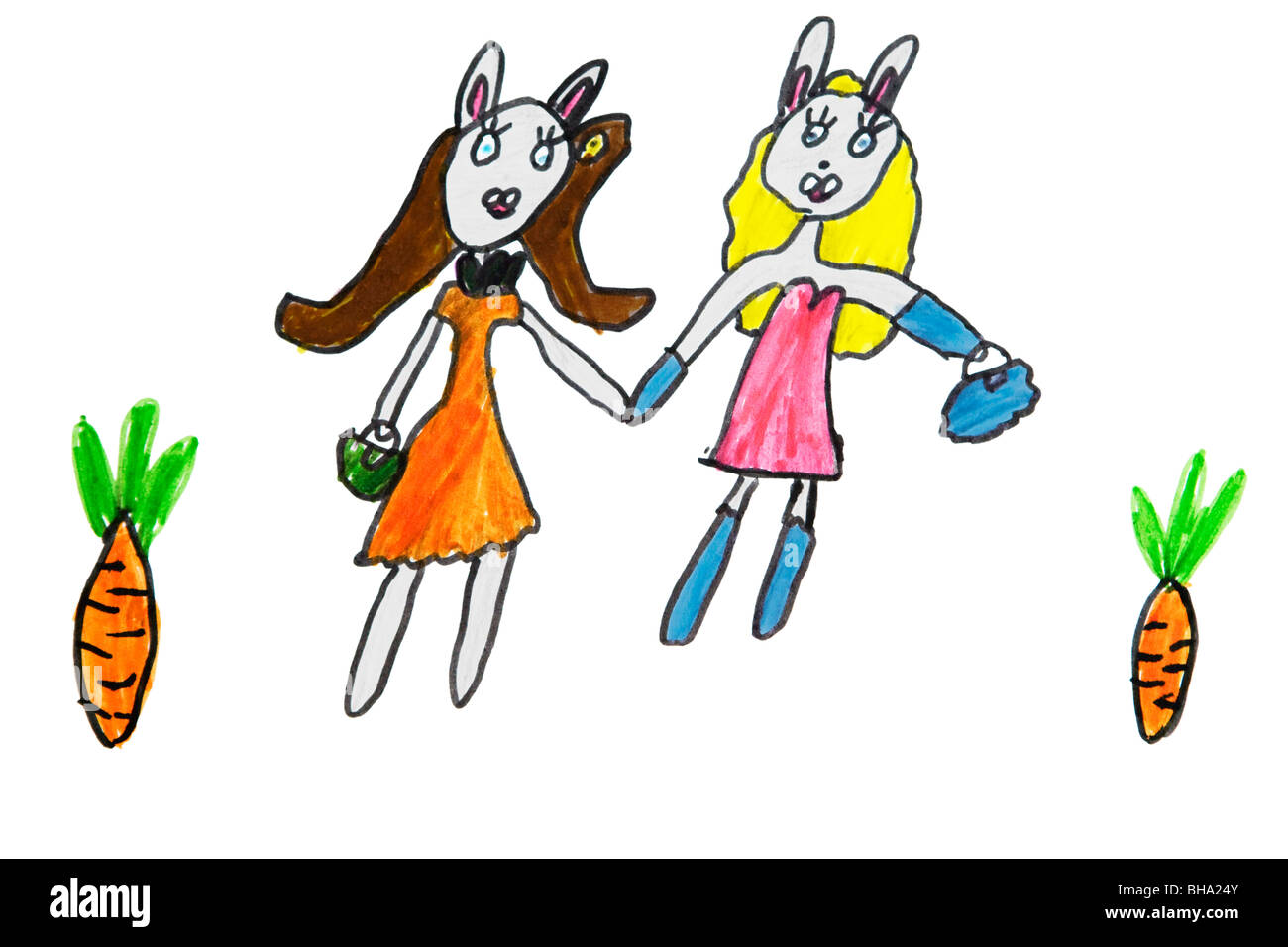 two happy rabbit walking around. Child`s picture Stock Photo - Alamy