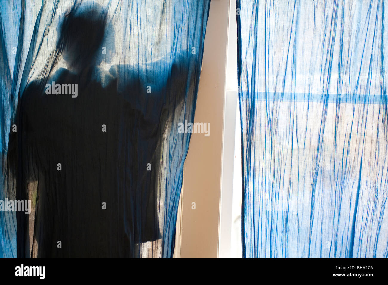 Boy silhouette blue curtain hi-res stock photography and images - Alamy