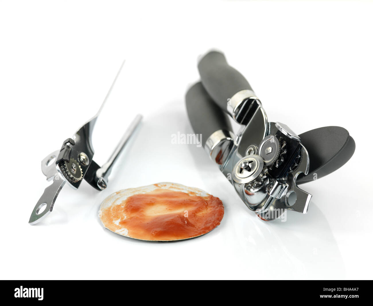 Modern and old can openers isolated against a white background Stock ...
