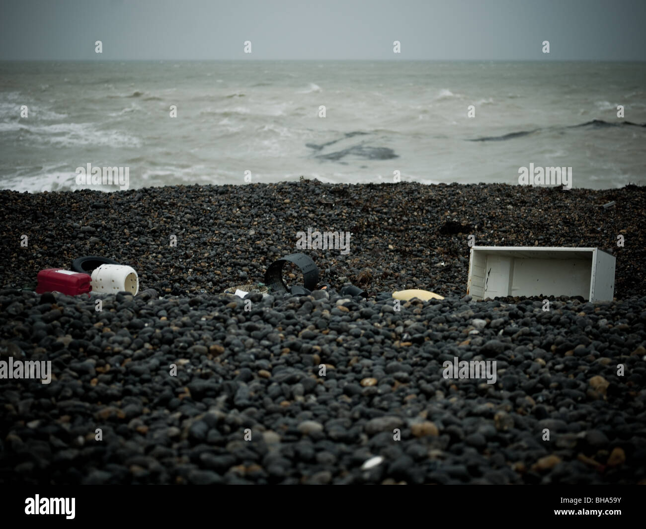 Washed up plastic rubbish on a beach after a storm hi-res stock ...