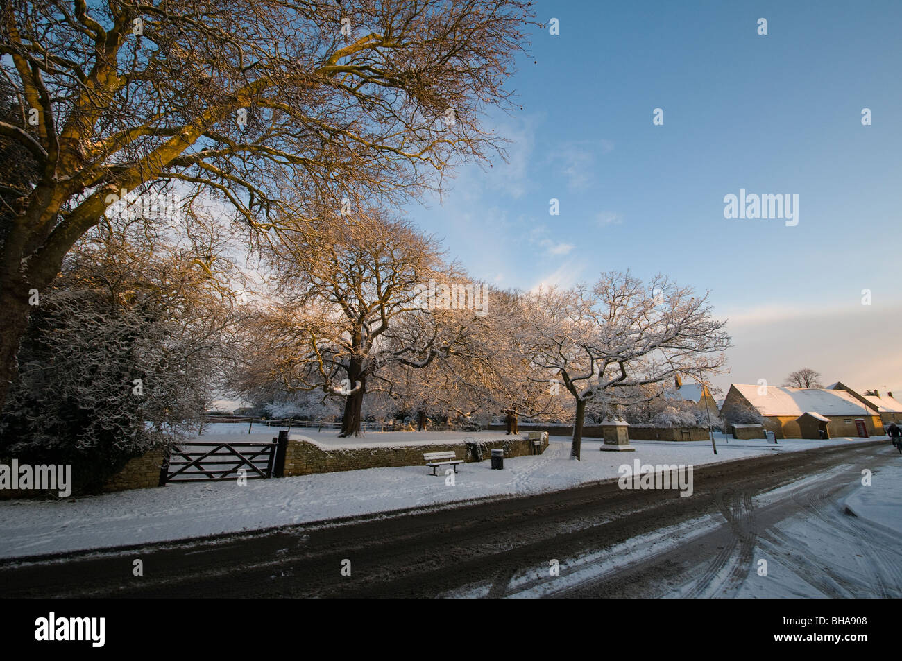 Main village intersection in Helpston, covered with snow on a cold ...