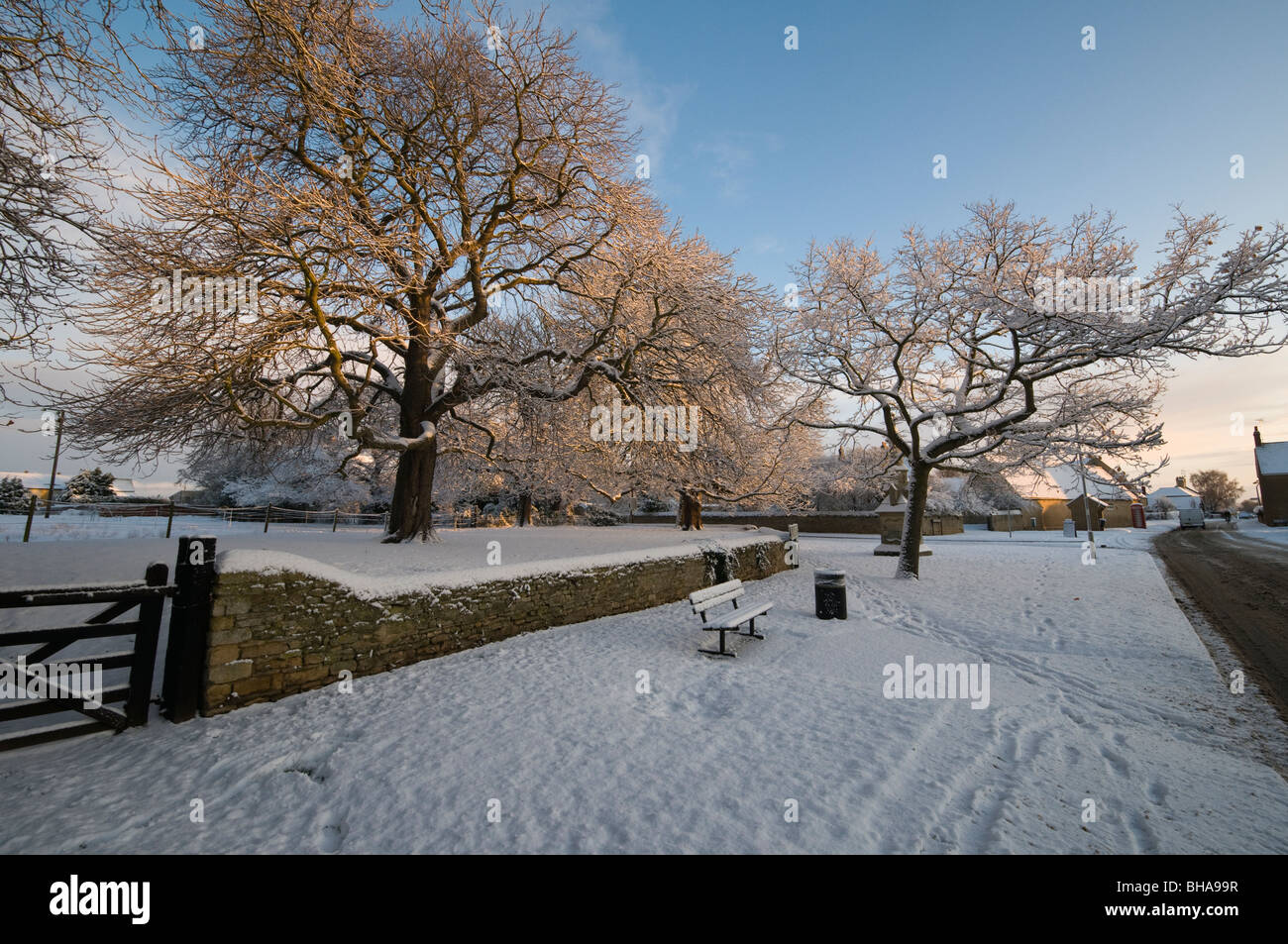 Main village intersection in Helpston, covered with snow on a cold ...