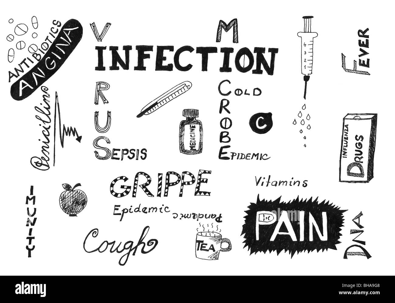 Black and white illness doodle with words and symbols Stock Photo - Alamy